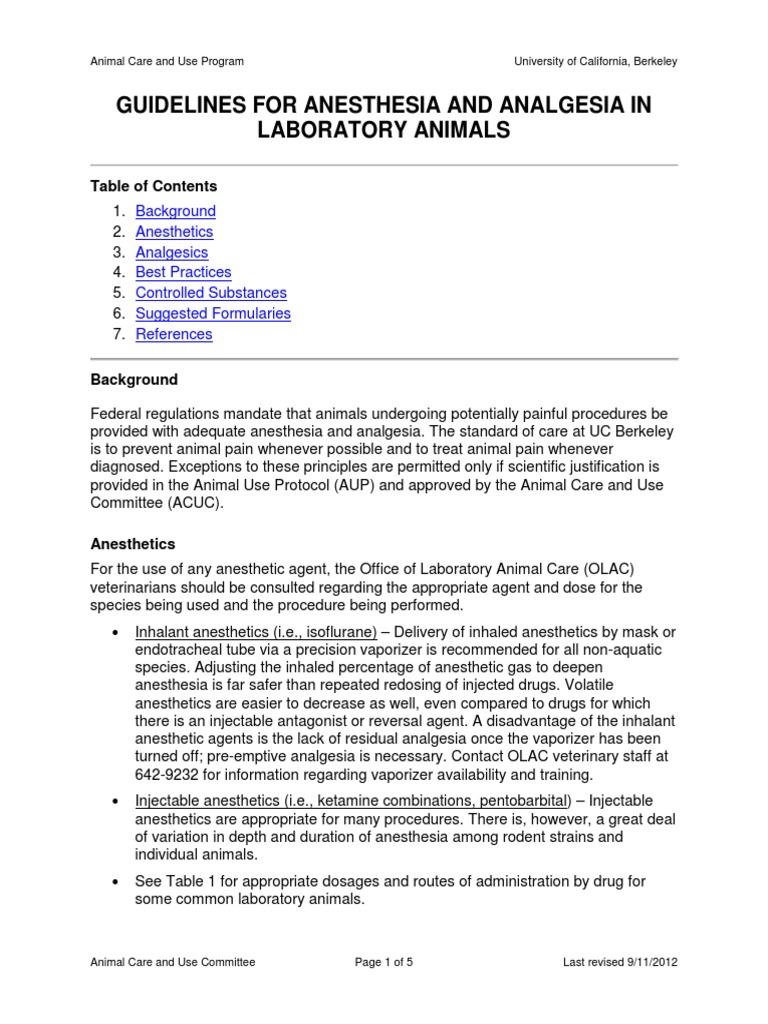 Guidelines for Anesthesia and Analgesia in Lab Animals | PDF ...