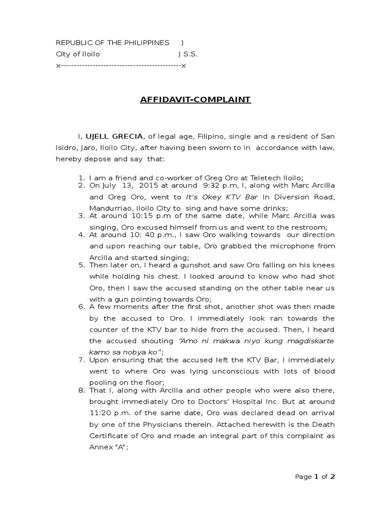 Murder Complaint Affidavit Sample | PDF | Affidavit | Judiciaries