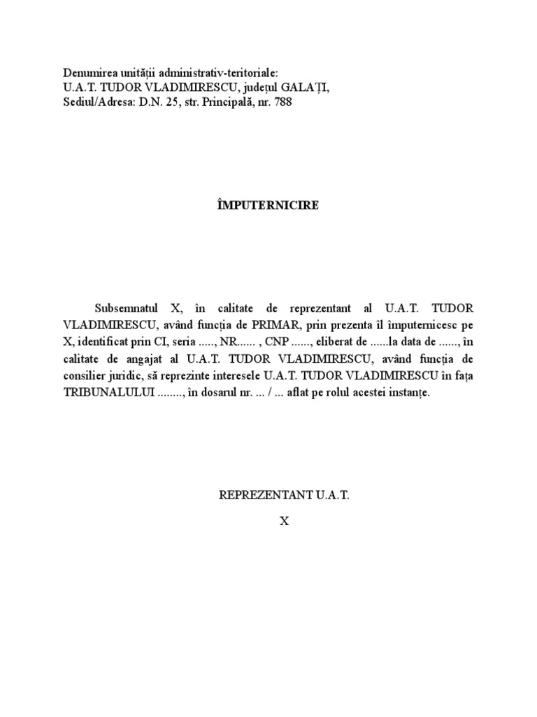 Imputernicire Model Pentru Reprezentare in Instanta | PDF