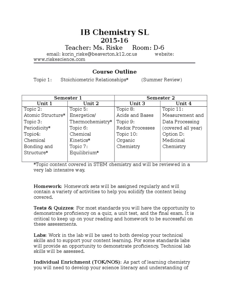 Ib Chemistry SL Syllabus | PDF | Educational Assessment | Literacy