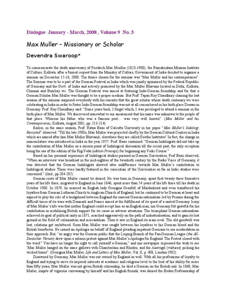 Max Muller - Missionary or Scholar | PDF | Swami Vivekananda | Religion ...