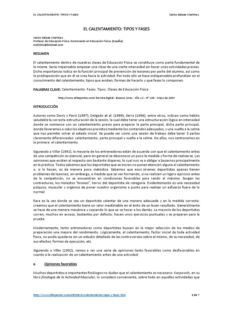 El Calentamiento - Tipos y Fases | PDF | Músculo | Educación Física