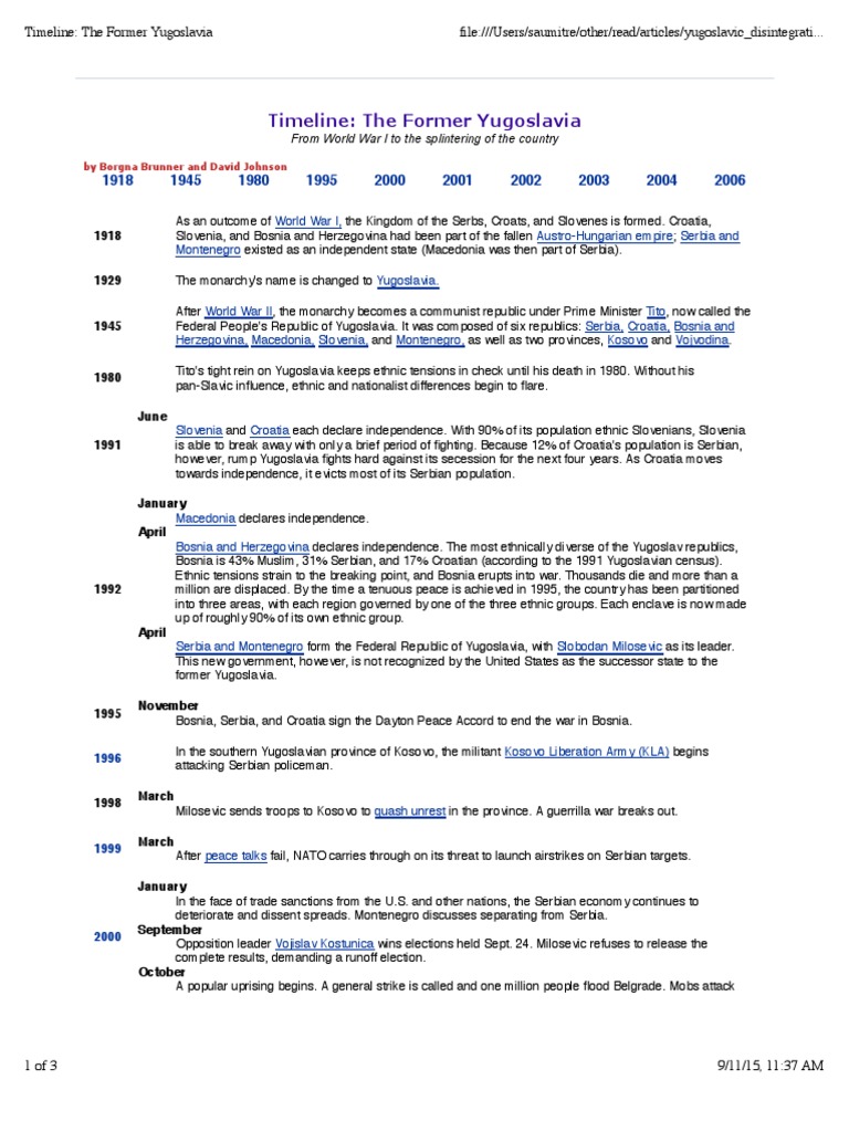 Timeline: The Former Yugoslavia | PDF | Yugoslavia | Slobodan Milošević
