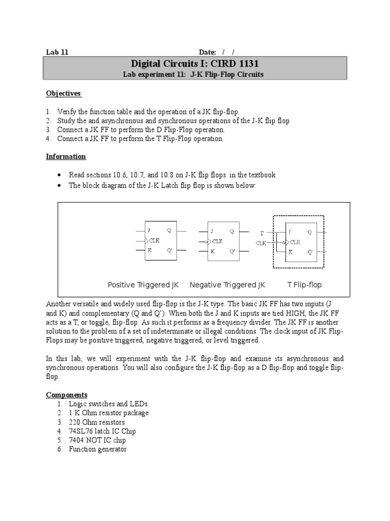 Lab 11 Digital JK Flipflop | PDF | Digital Electronics | Electrical Circuits