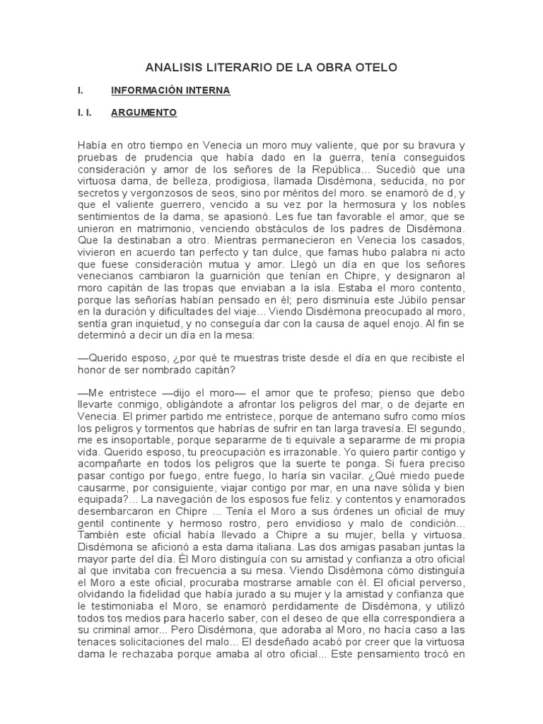Analisis Literario de La Obra Otelo Ok | PDF | OTELO | William Shakespeare