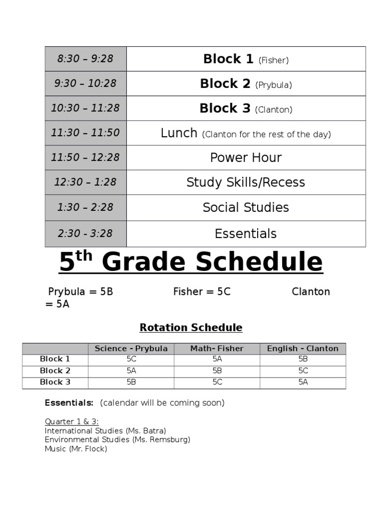 5th Grade Daily Schedule Overview | PDF