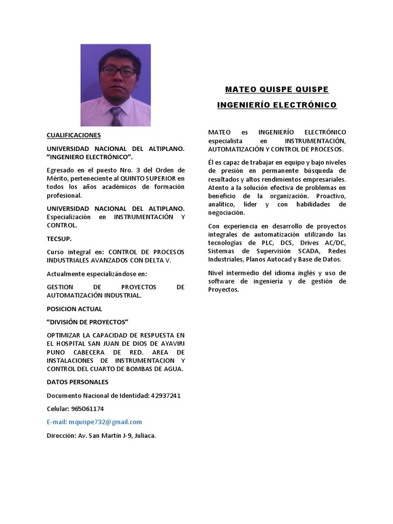 CV Mateo Quispe | PDF | Scada | Automatización