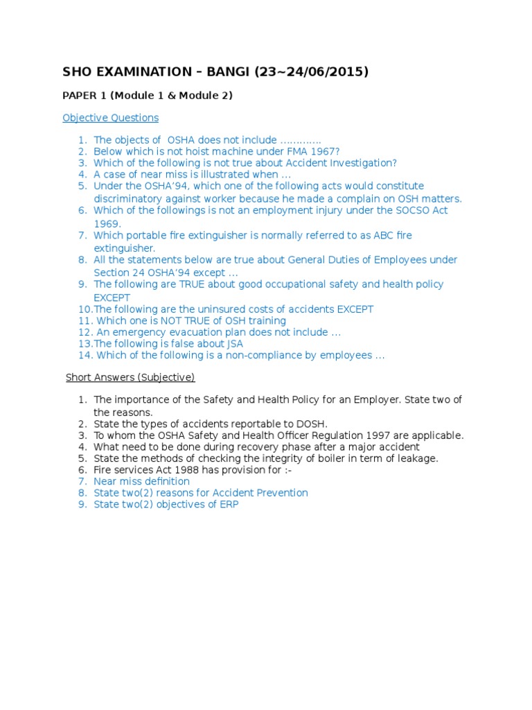 SHO Examination Questions | PDF | Occupational Safety And Health ...
