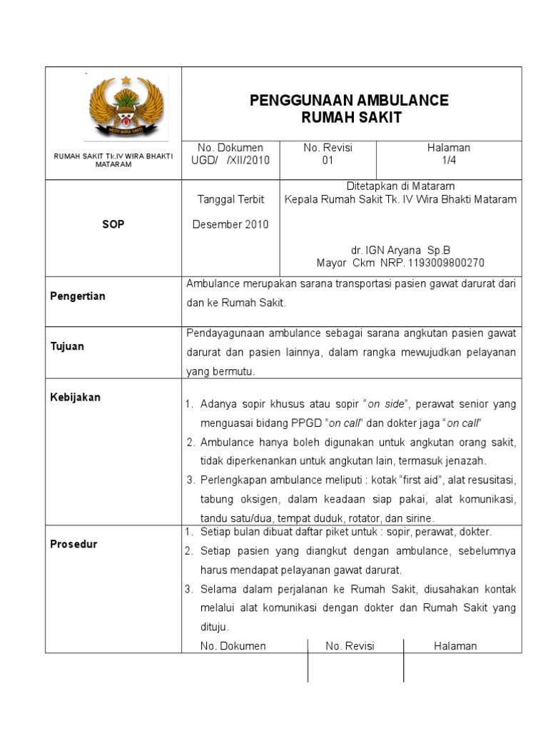 SOP Penggunaan Ambulance Rumah Sakit | PDF