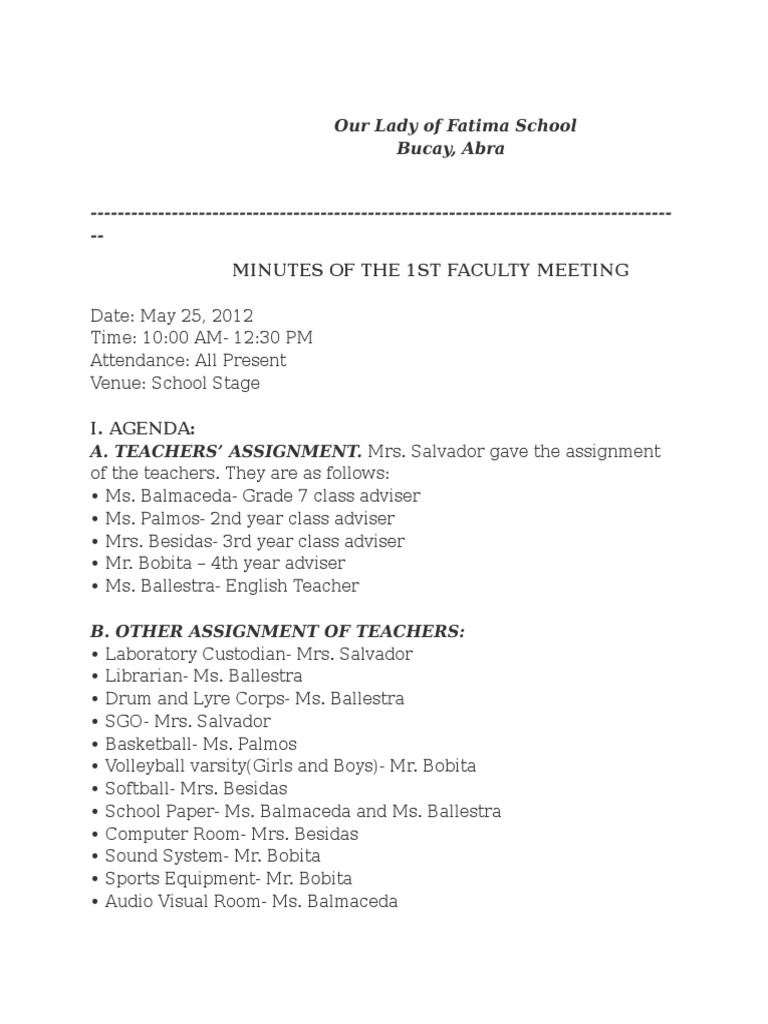 Faculty Meeting Minutes - Our Lady of Fatima | PDF