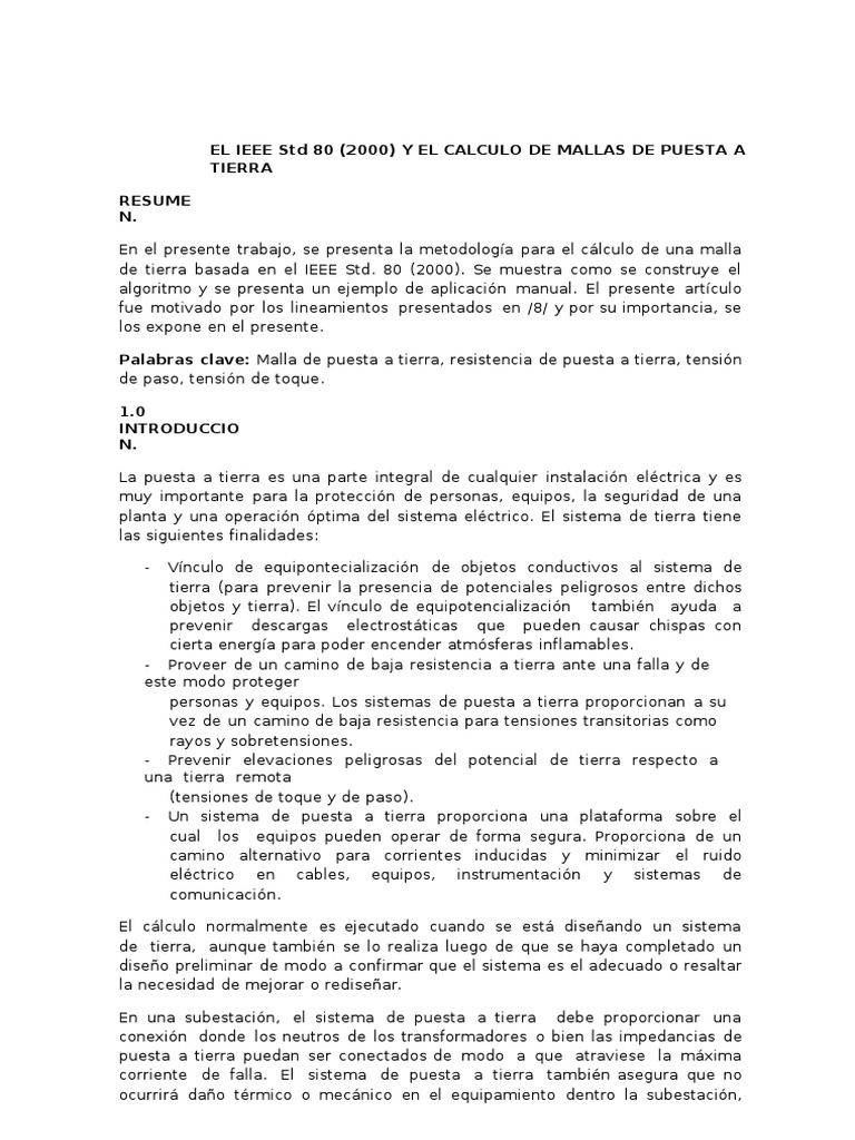 El Ieee Std 80 2000 Y El Calculo De Mallas De Puesta A Tierra Pdf Pdf