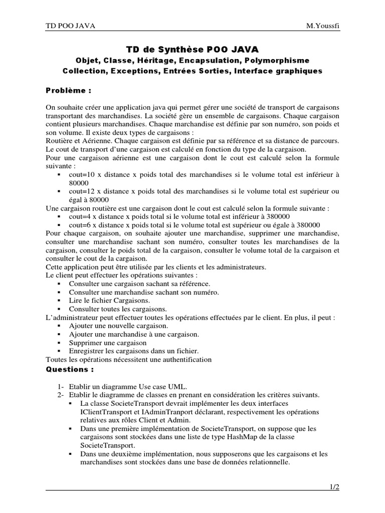 TD de Synthèse POO JAVA Cargaisons | PDF | Java (Langage de programmation) | Programmation ...
