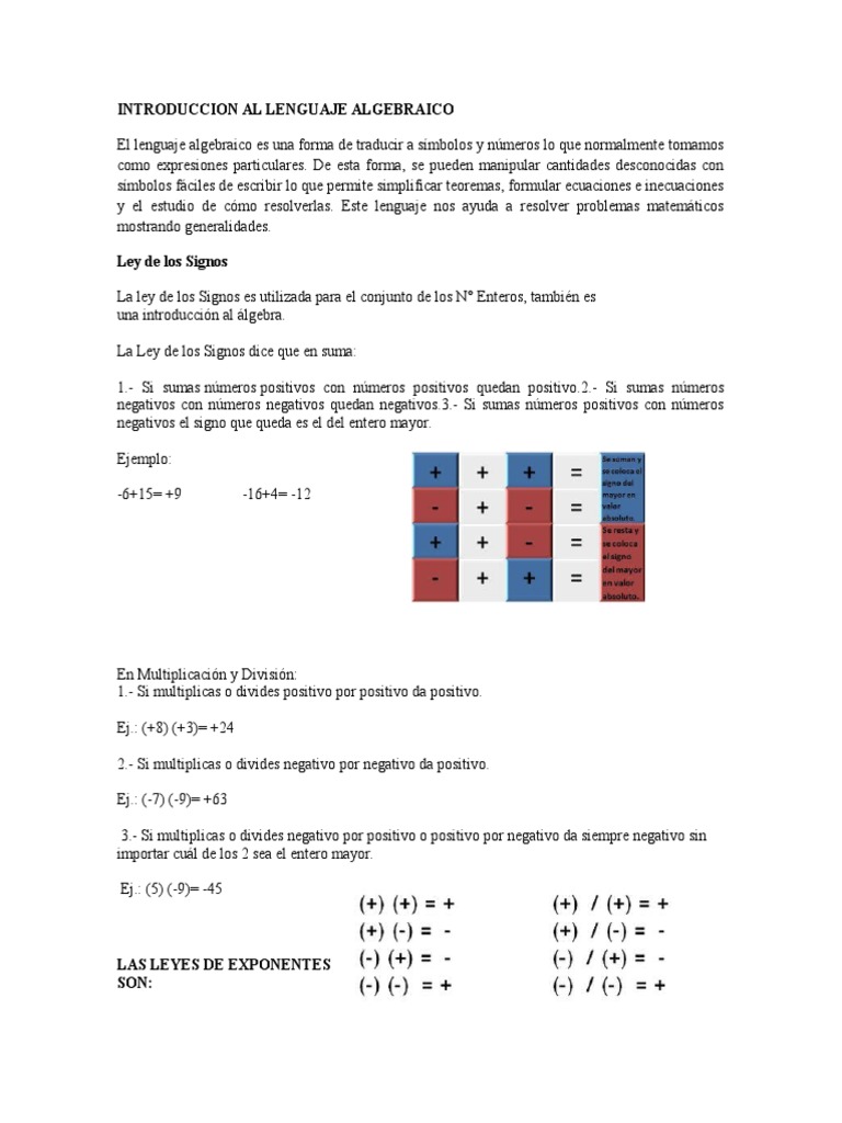 Introducción Al Lenguaje Algebraico | PDF | Exponenciación | División (Matemáticas)