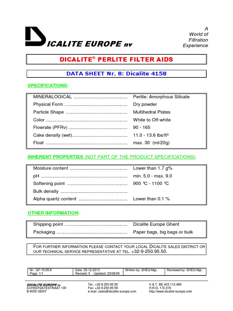 Icalite Europe: Dicalite Perlite Filter Aids | PDF
