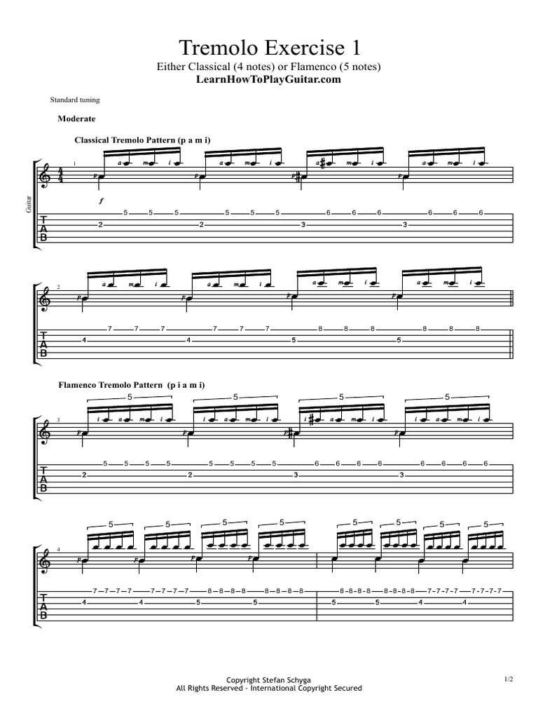 Tremolo Exercise 1: Either Classical (4 Notes) or Flamenco (5 Notes) | PDF