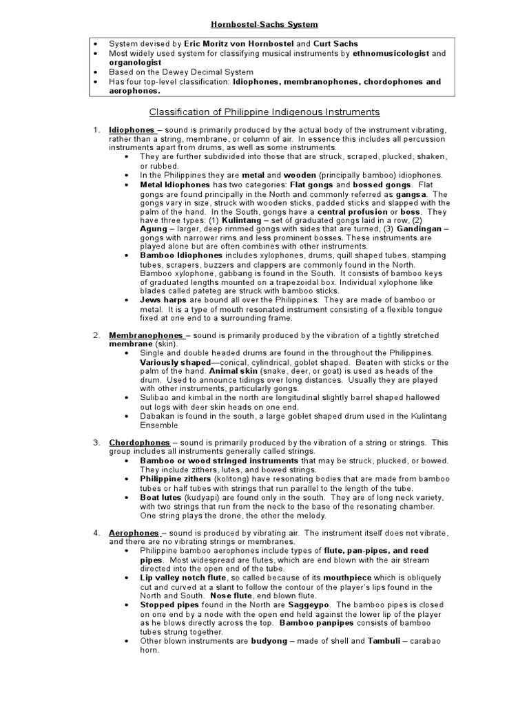 Hornbostel Sachs Handout | PDF | Music Production | Organology