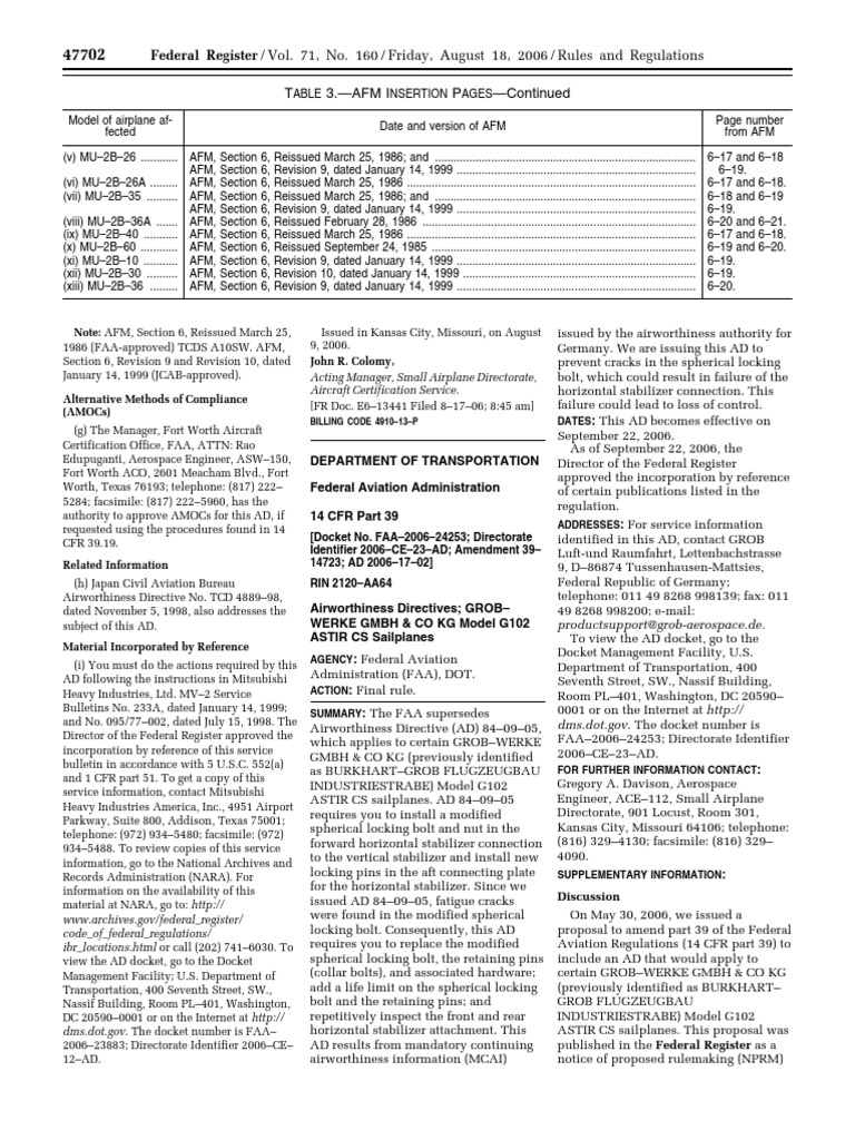 Rule: Airworthiness Directives: Grob-Werke | PDF | Federal Aviation ...