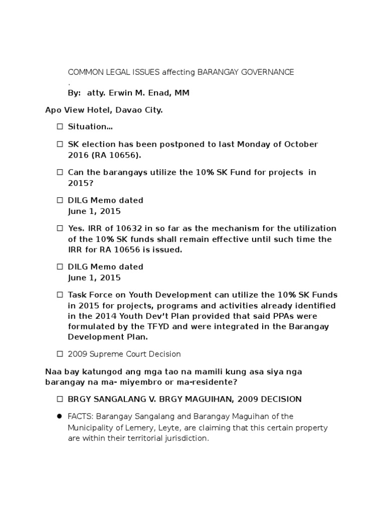 Common Legal Issues Affecting Barangay Governance | Toll Road | Society