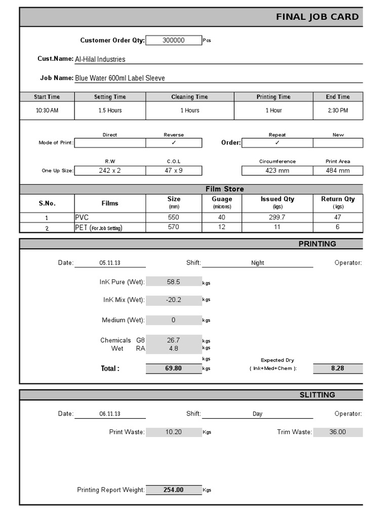 Final Job Card Format | Lamination | Adhesive