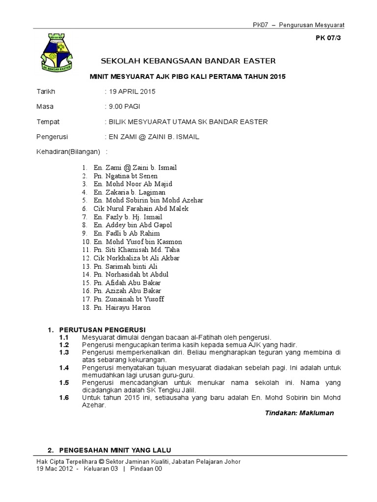 Contoh Minit Mesyuarat AJK PIBG | PDF