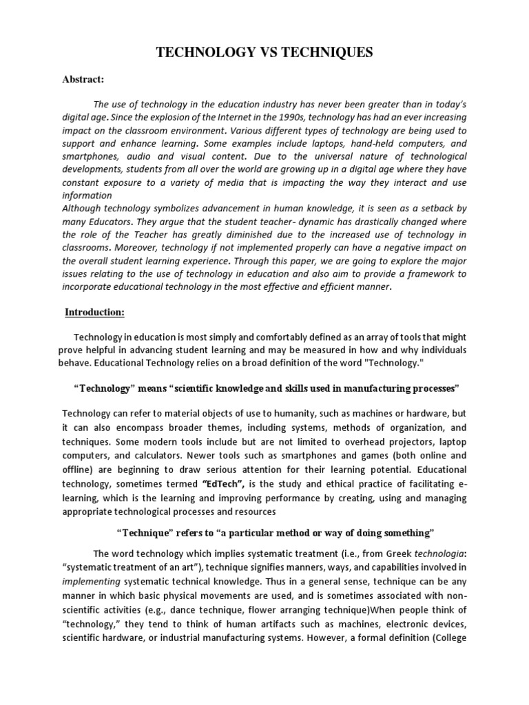 Technology Vs Techniques | PDF | Educational Technology | Teachers