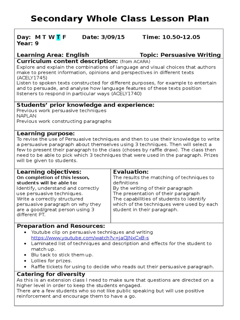 Secondary Whole Class Lesson Plan | PDF | Lesson Plan | Teaching