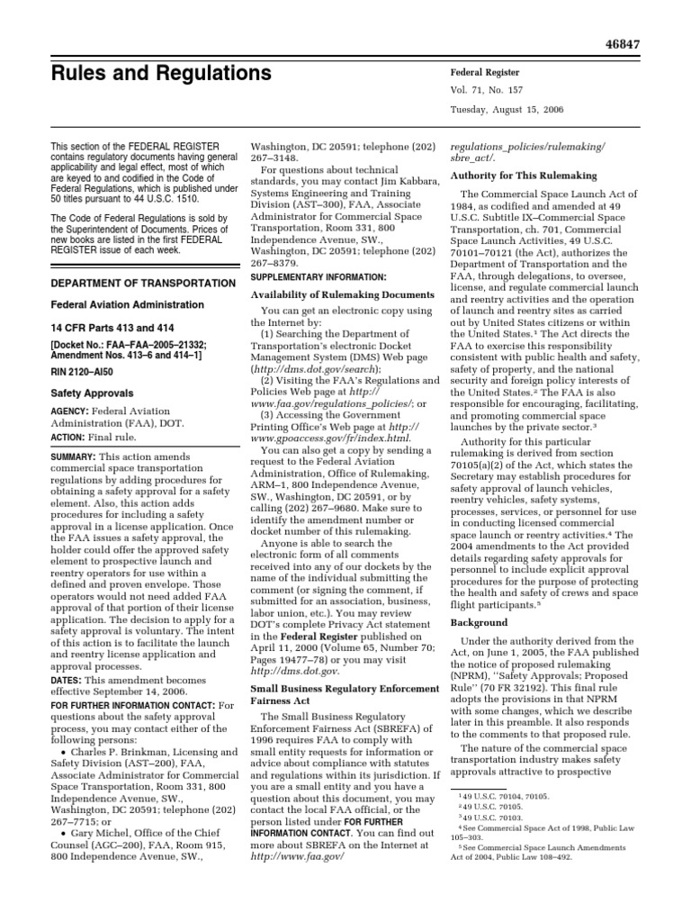 FAA Commercial Space Safety Rule | PDF | Federal Aviation ...