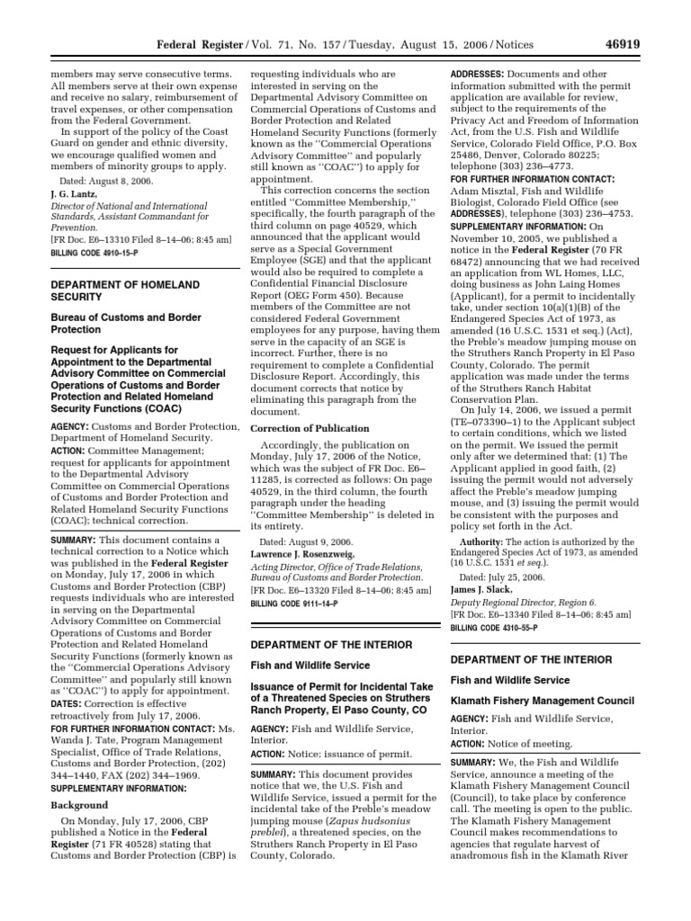 Notice: Endangered and Threatened Species: Incidental Take Permits ...