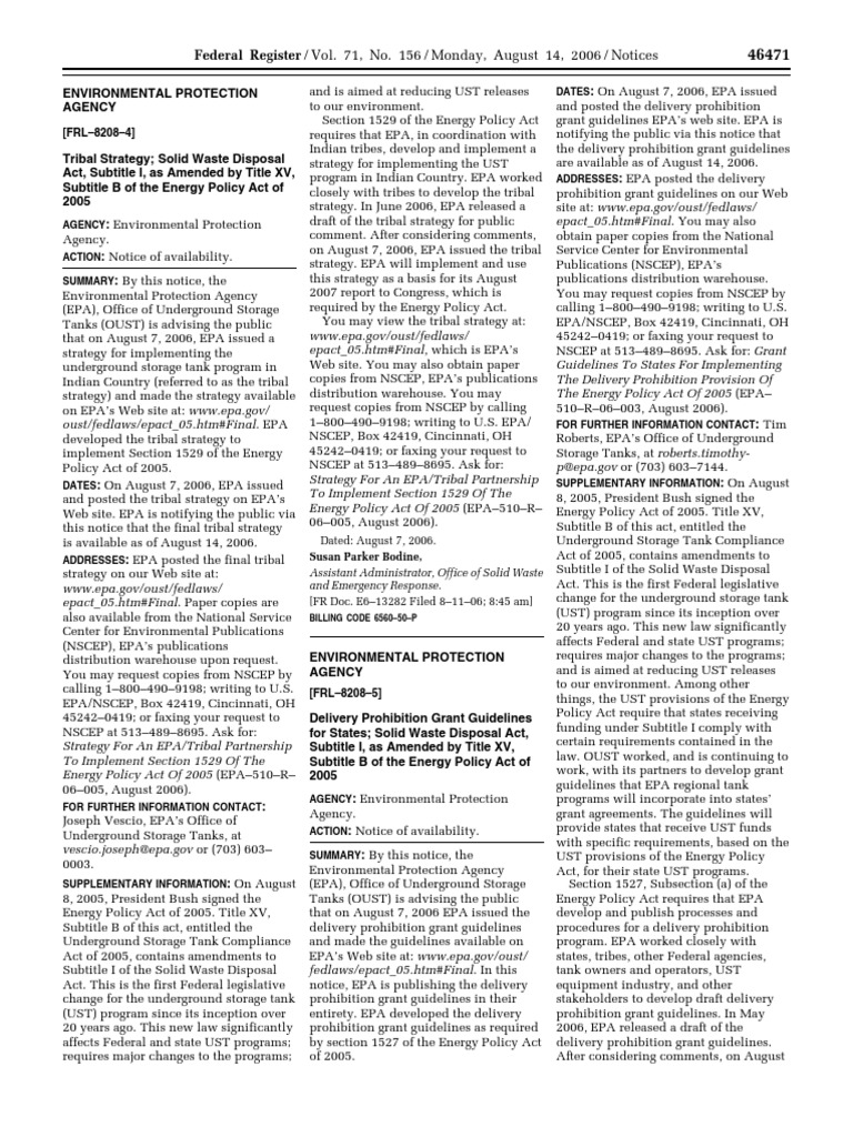 Notice: Reports and Guidance Documents Availability, Etc.: Solid Waste ...