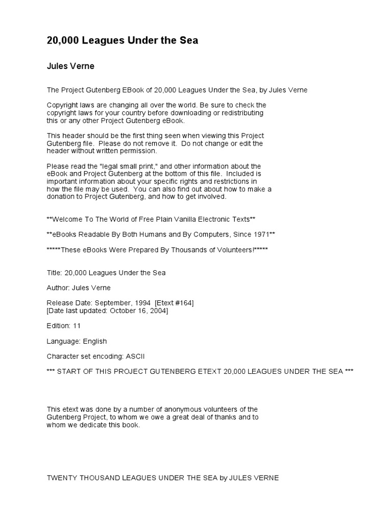 20,000 Leagues Under The Sea | PDF | Project Gutenberg | E Text