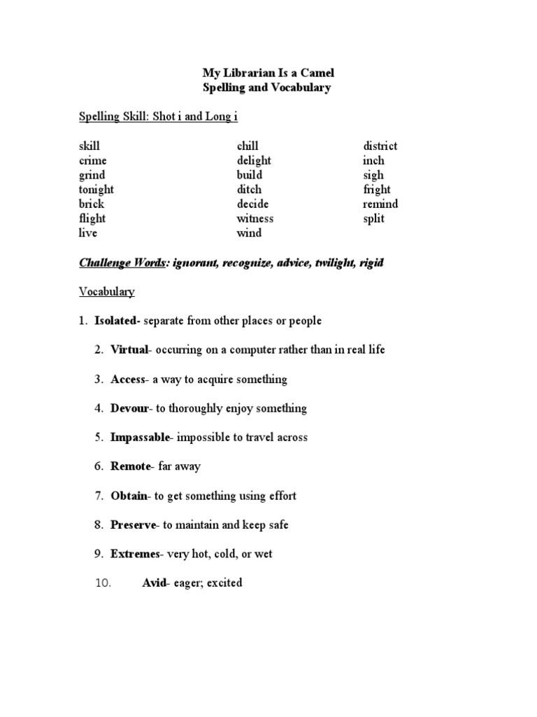 My Librarian Is A Camel Spelling and Vocab | PDF