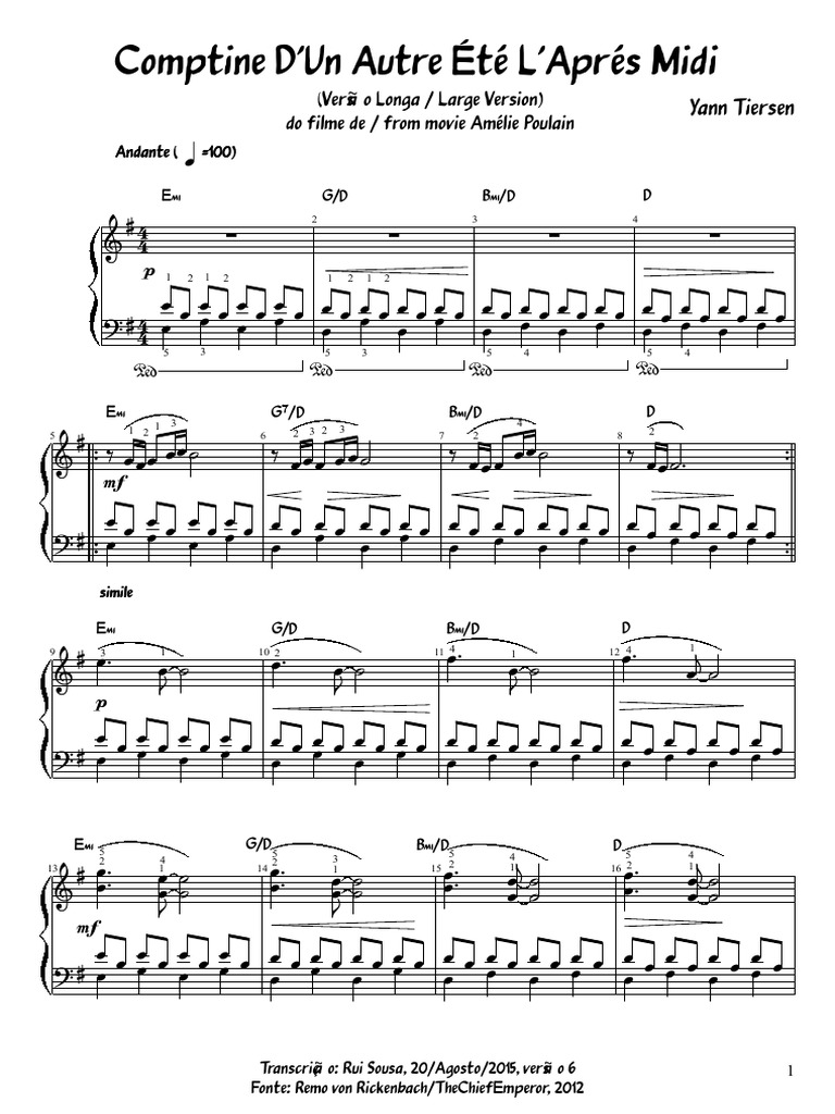 Comptine Dun Autre Ete Lapres Midi Yann Tiersen Long Version Pdf