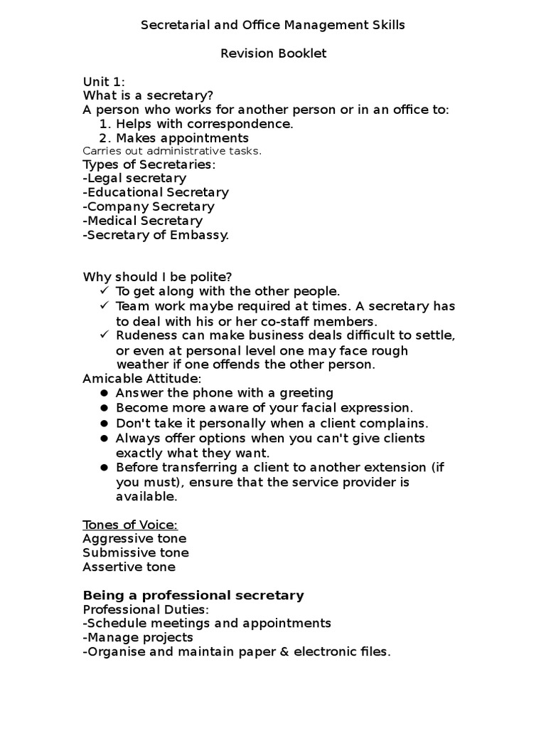 Unit 1-3 Secretarial and Office Management | PDF | Secretary ...