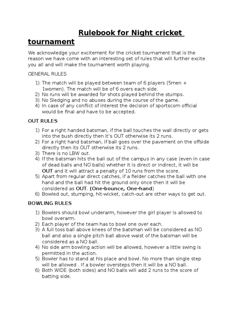 Rulebook For Night Cricket Tournament | PDF | Bowling (Cricket) | Team ...