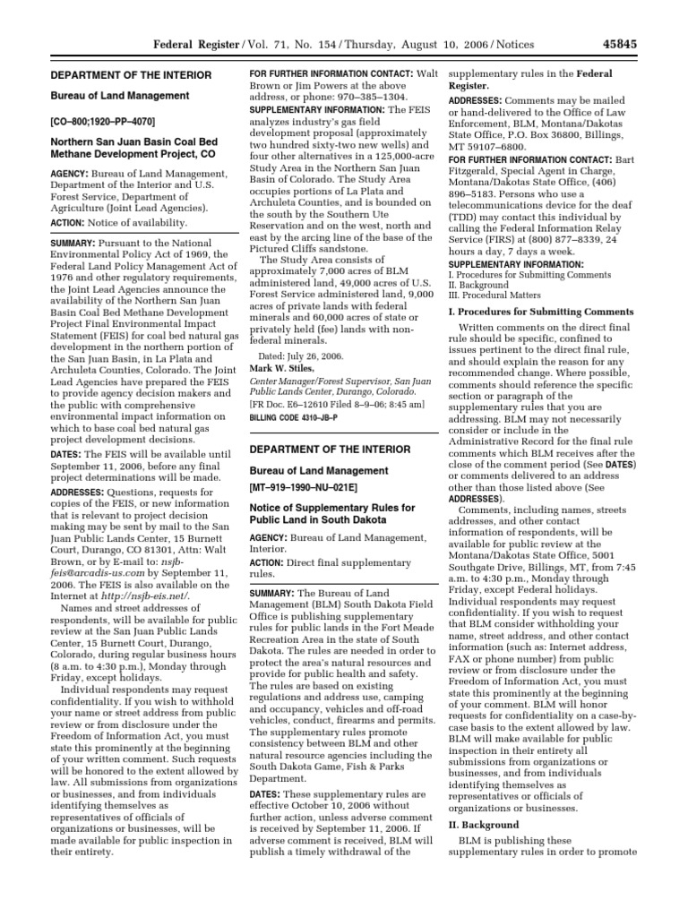 Notice: Environmental Statements Availability, Etc.: Northern San Juan ...