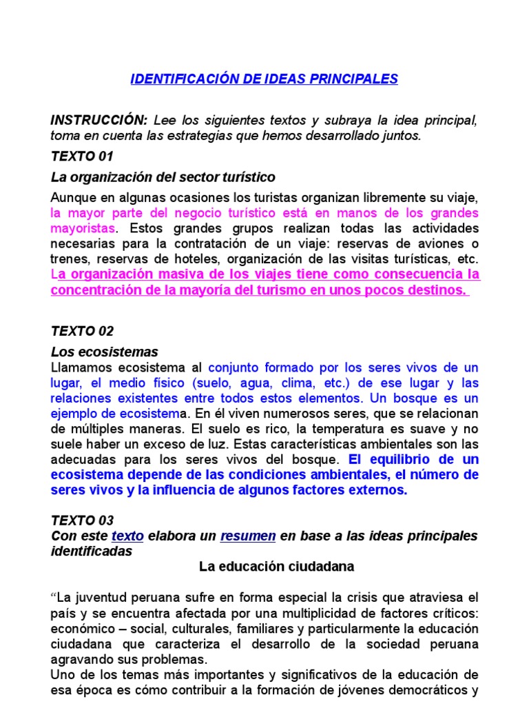 IdentificaciÓn de Ideas Principales InstrucciÓn: Lee Los | PDF ...