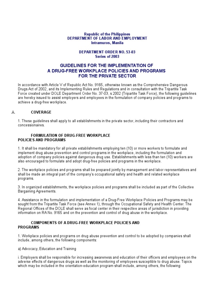 Guidelines For The Implementation of A Drug-Free Workplace | PDF | Drug ...