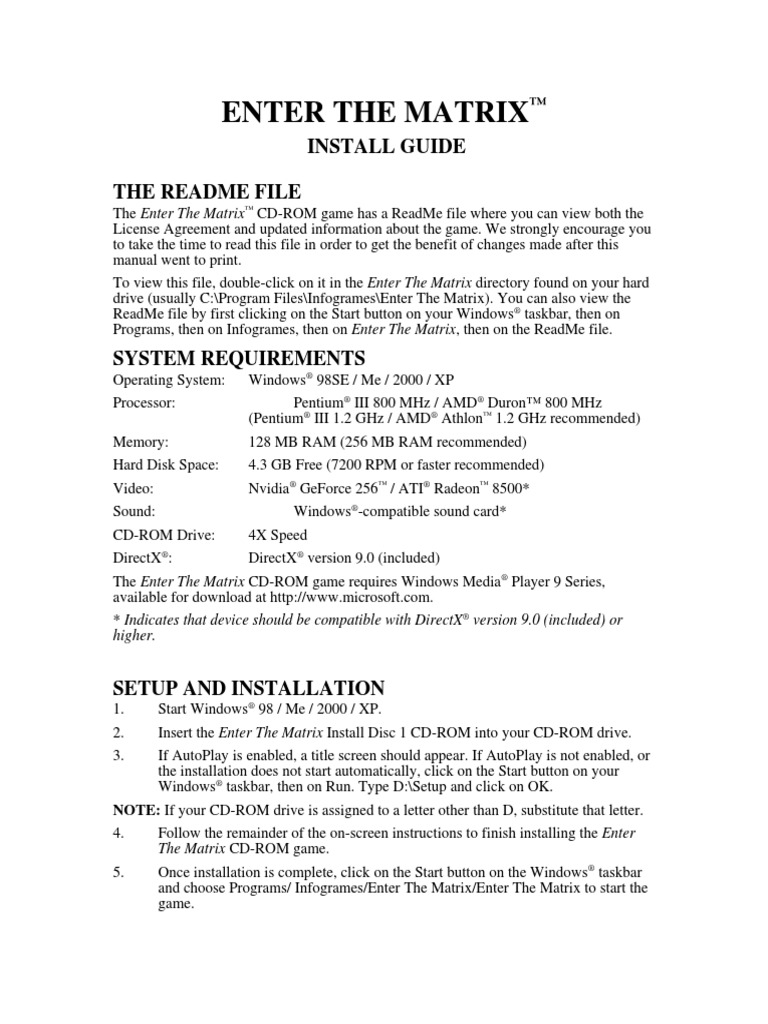 Enter The Matrix: Install Guide The Readme File | PDF | Technical ...