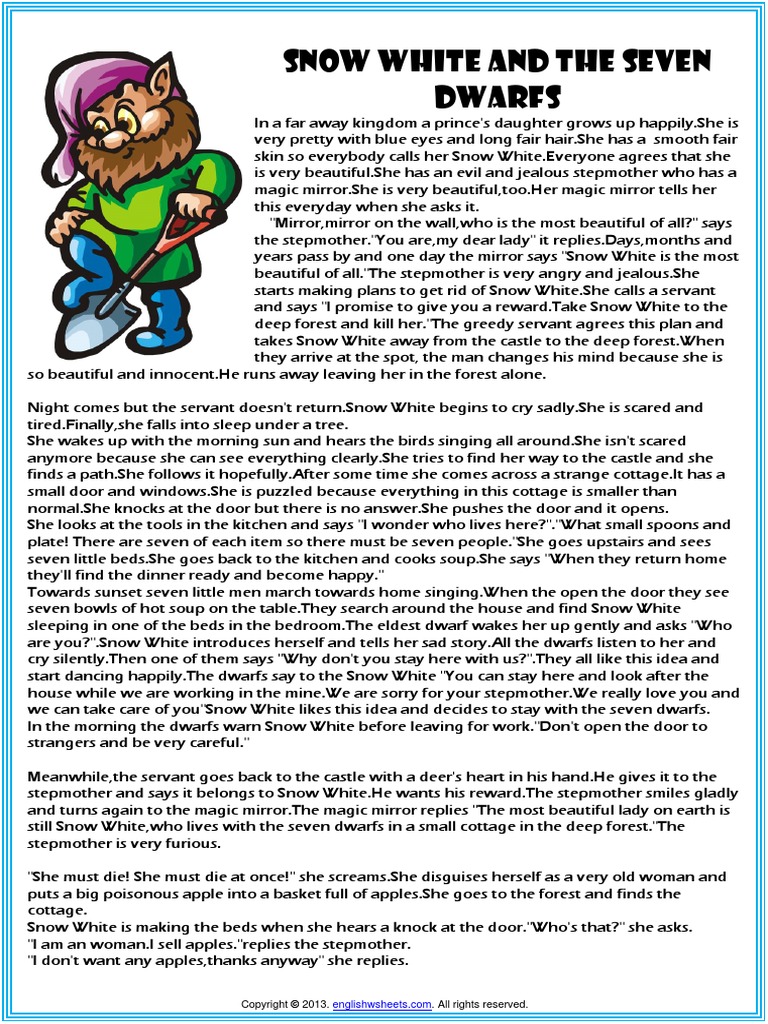 Snow White and The Seven Dwarfs Simple Present Tense Fairy Tale PDF ...