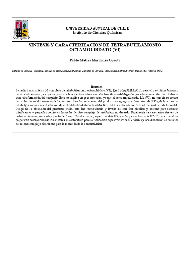 Síntesis de Octamolibdato de Tetrabutilamonio | PDF | Complejo de ...