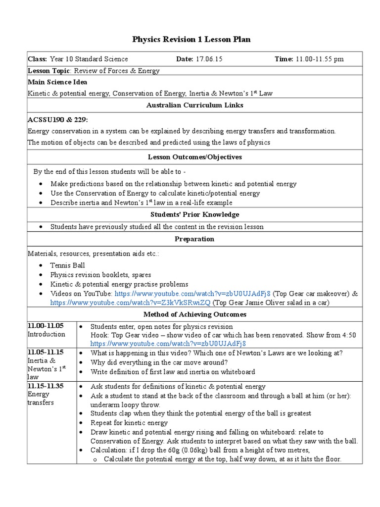 Year 10 Physics Revision Lesson Plan | PDF | Kinetic Energy | Physics