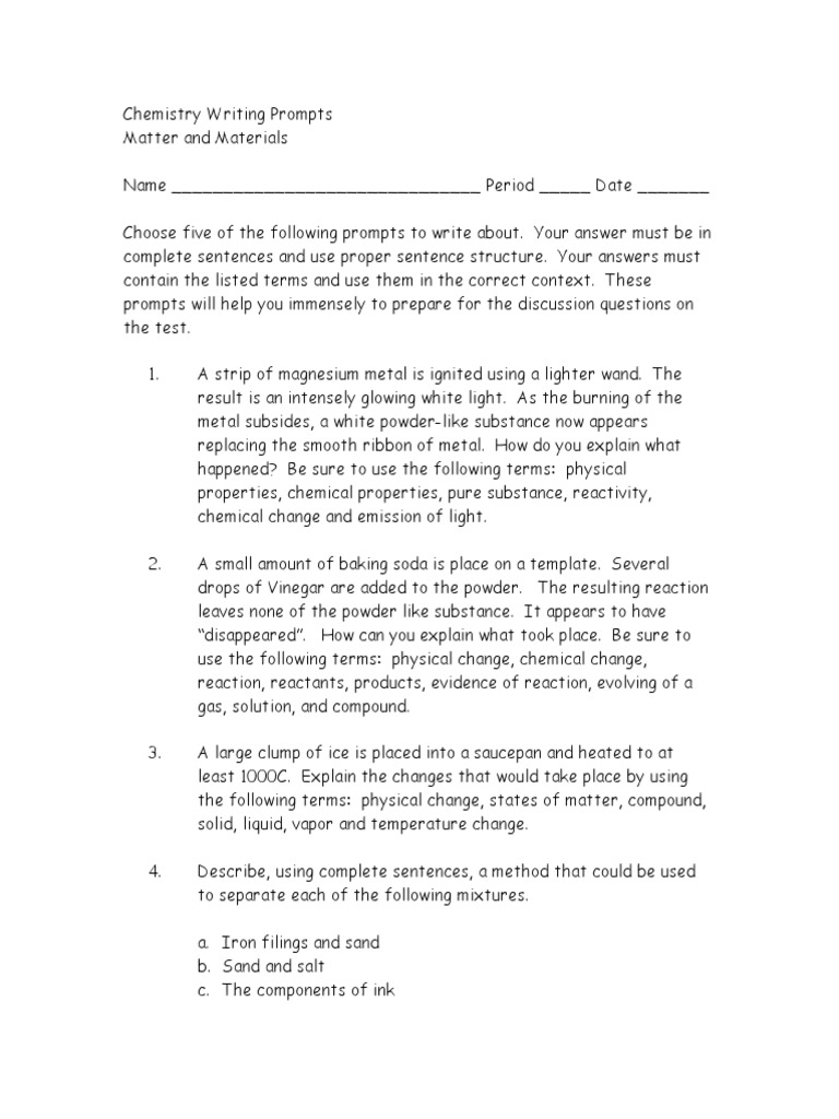 Chemistry Writing Prompts for Students | PDF | Chemical Substances ...