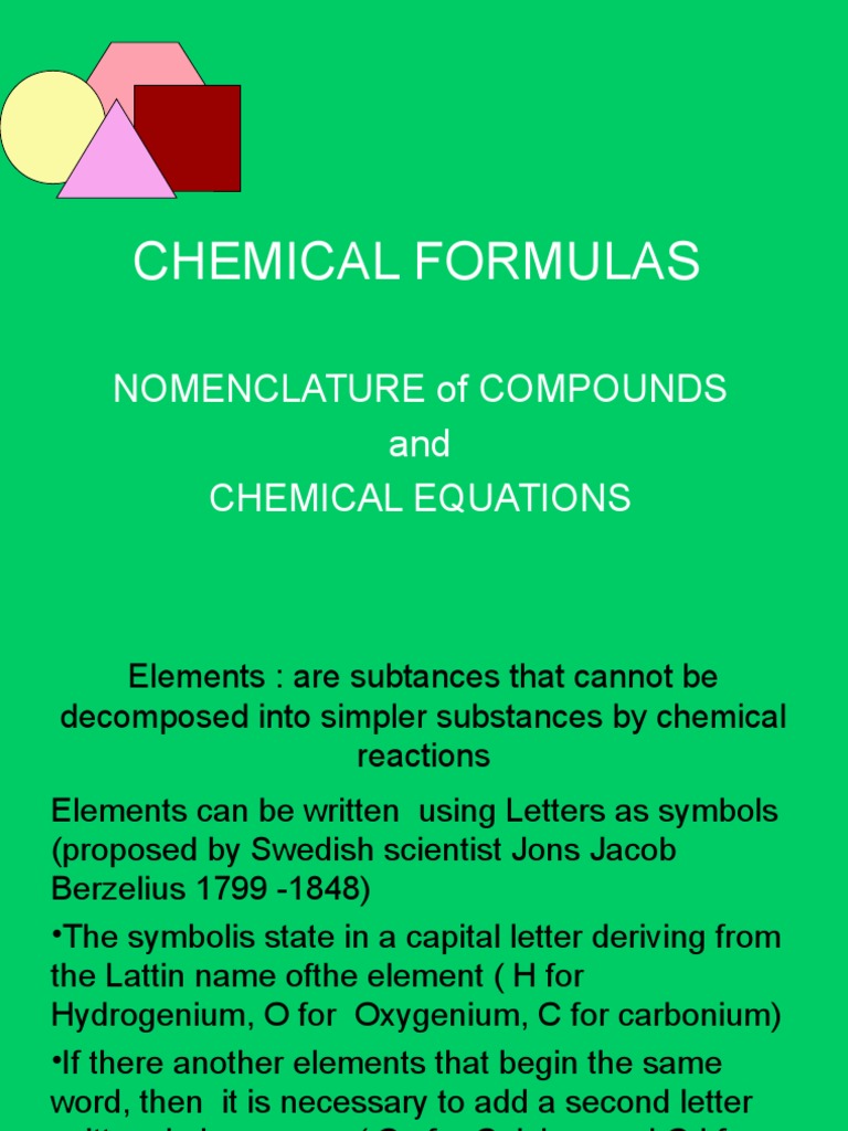 CHEMICAL FORMULAS NOMENCLATURE ofCOMPOUNDS AND CHEMICAL EQUATIONS | PDF