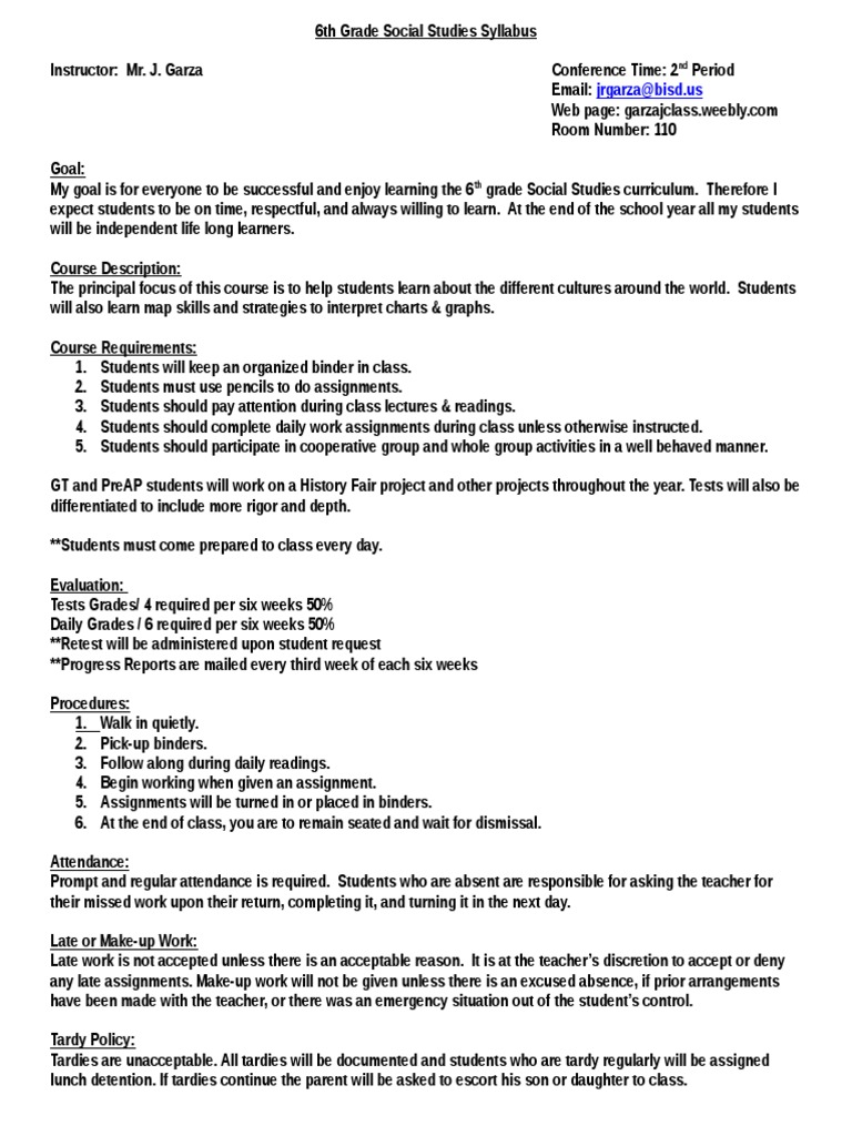 6th Grade Social Studies Syllabus | PDF | Education Theory | Curriculum