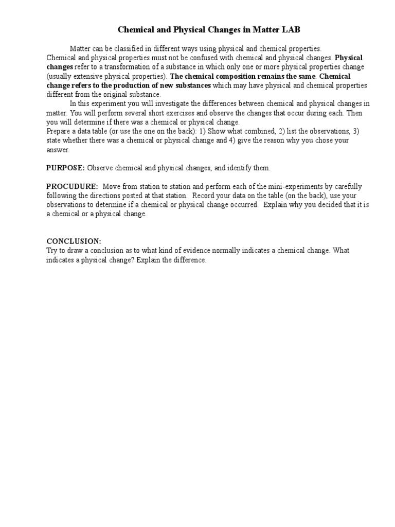 Chemical vs. Physical Changes Lab Guide | PDF | Chemical Substances ...