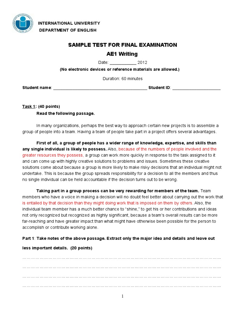 AE1 SampleWriting Test - Final Exam | PDF | Career & Growth | Art