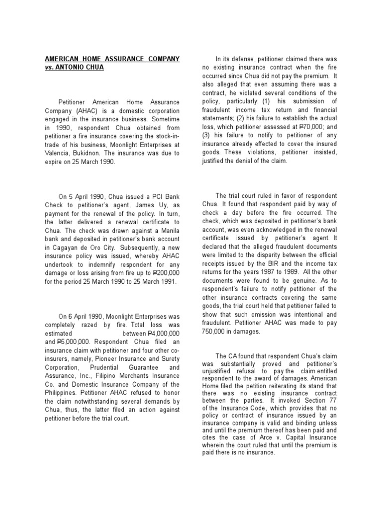 American Home Assurance Company Vs Chua | PDF | Insurance | Payments American Home Assurance Company Vs Chua | PDF | Insurance | Payments