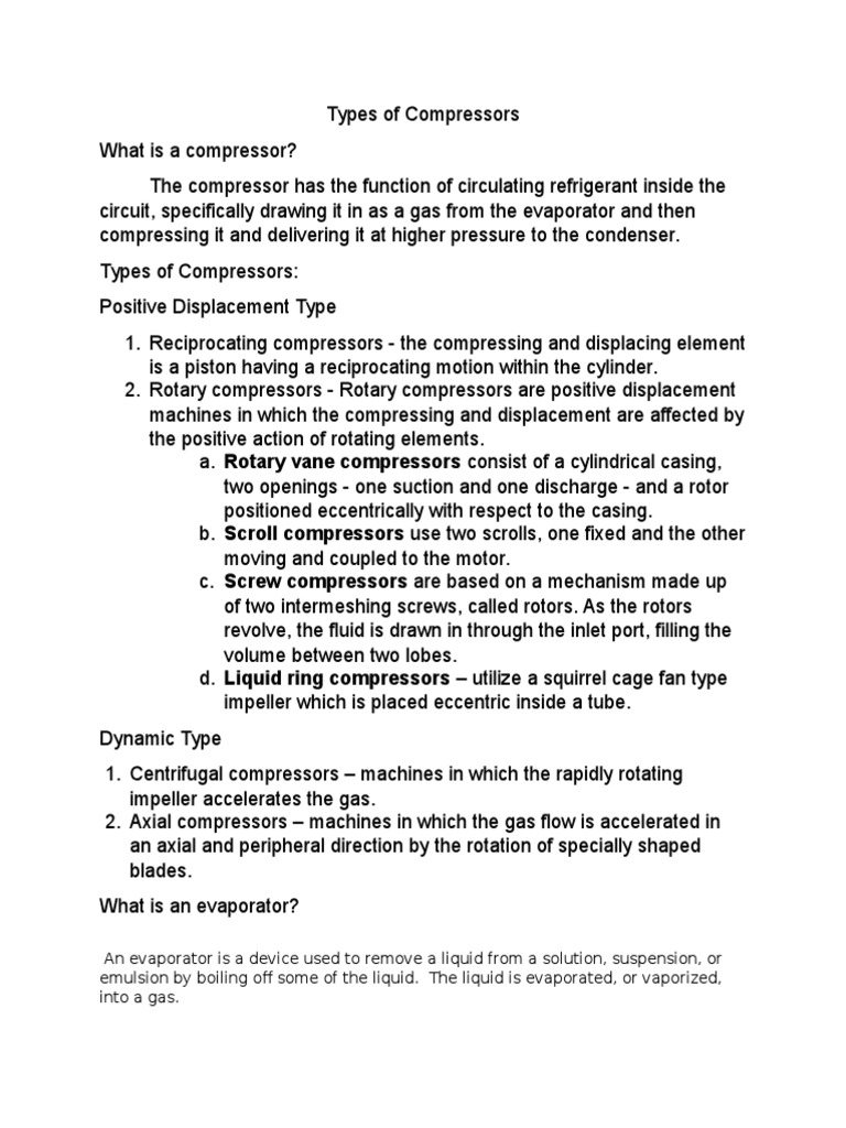 Types of Compressors | PDF | Gas Compressor | Evaporation