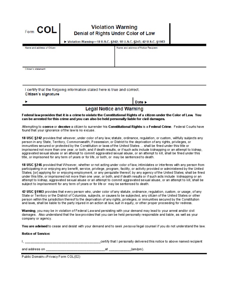 Color of Law Violation Form | PDF | Law Of The United States | U.S. State