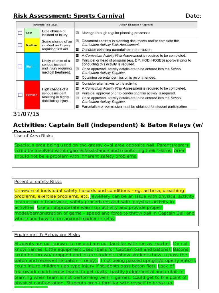 Risk Assessment Sports Day | PDF